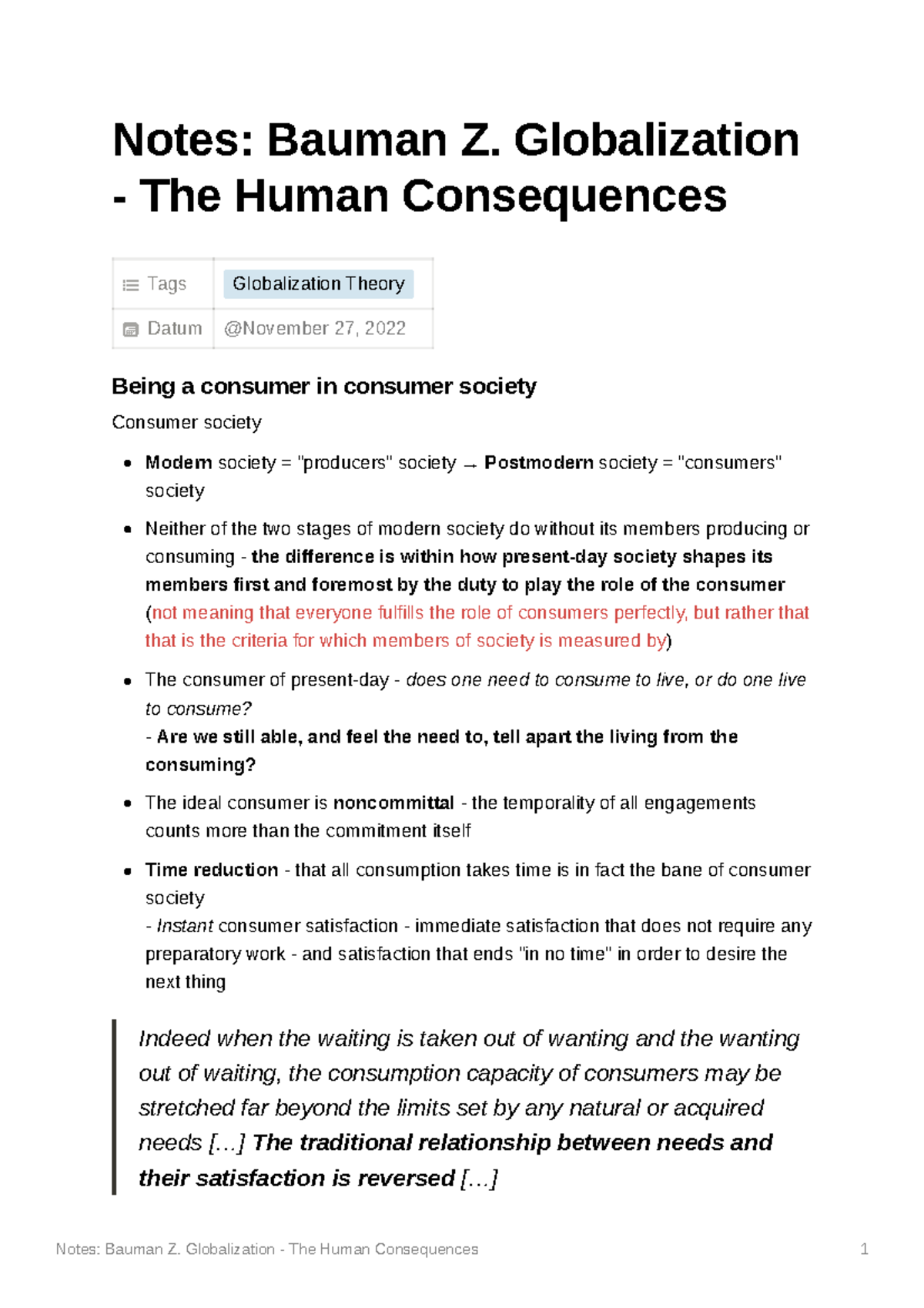 Notes Bauman Z - Globalization - The Human Consequences 1 Notes: Bauman ...