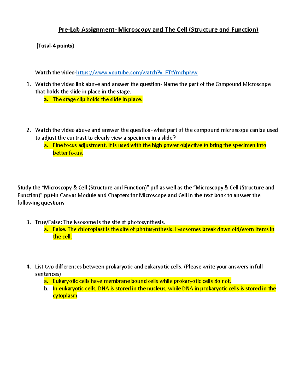 Pre-Lab#2-Microscopy and Cell - Pre-Lab Assignment- Microscopy and The Cell (Structure and ...