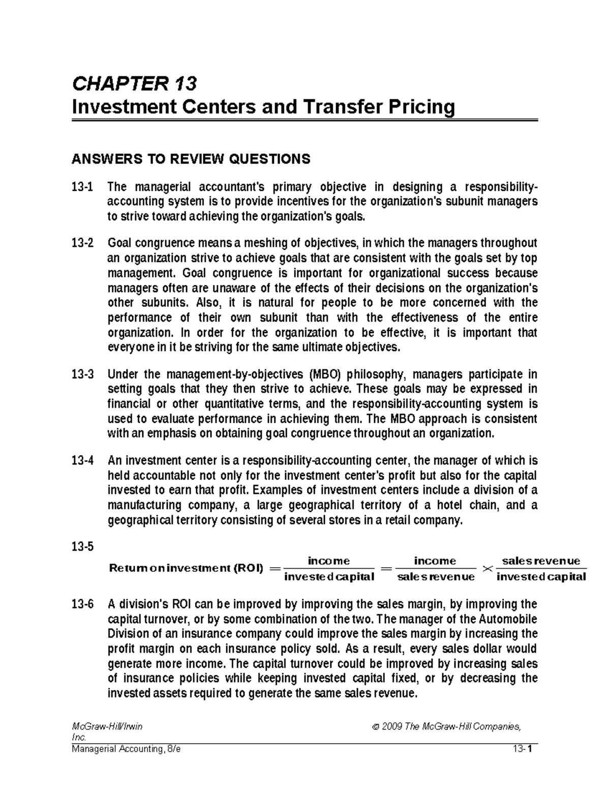 135300984-Chap-013 - Accounting - CHAPTER 13 Investment Centers and Transfer Pricing ANSWERS TO ...