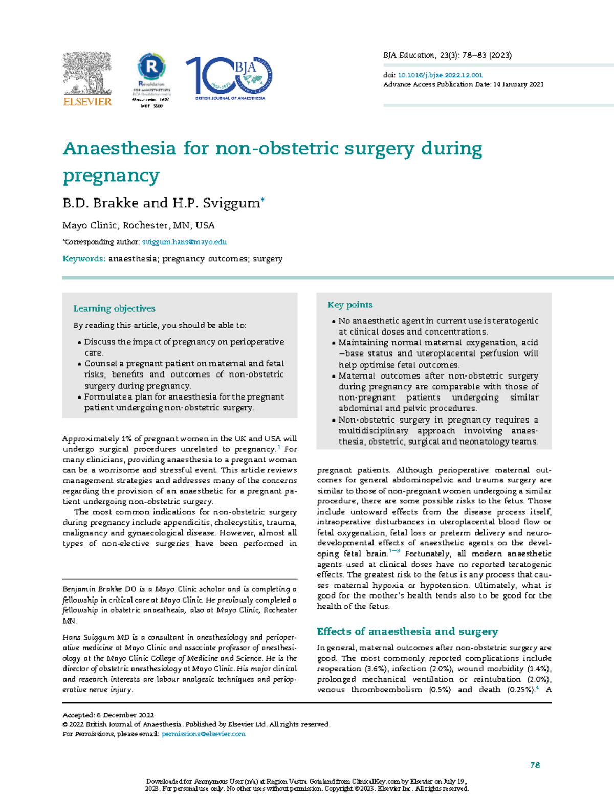 Anaesthesia for non-obstetric surgery during pregnancy - Brakke and H ...