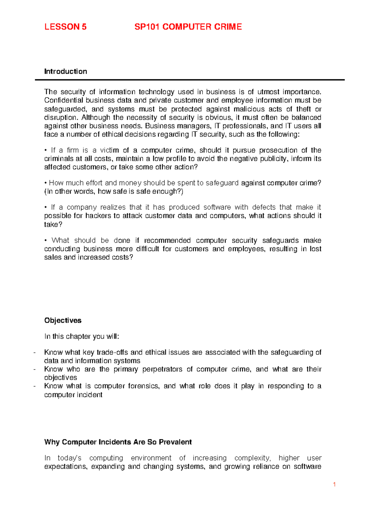 Lesson 5 Computer Crime - Introduction The security of information technology used in business ...