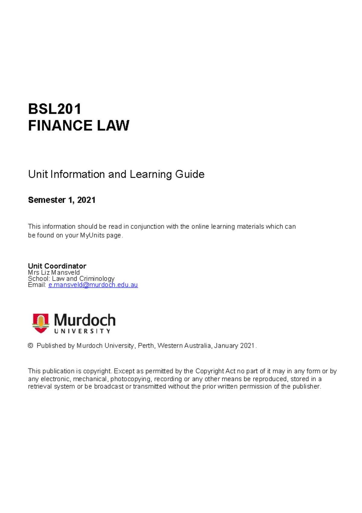 BSL201 S1 2021 UILG- on LMS - BSL FINANCE LAW Unit Information and ...