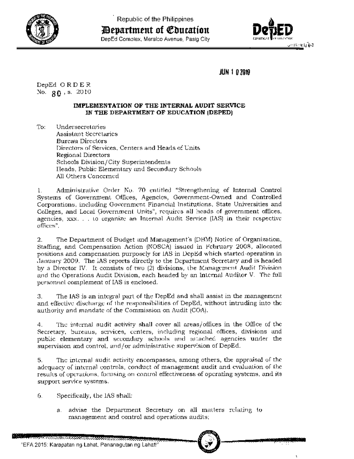 Implementation OF THE Internal Audit Service IN THE Department OF ...