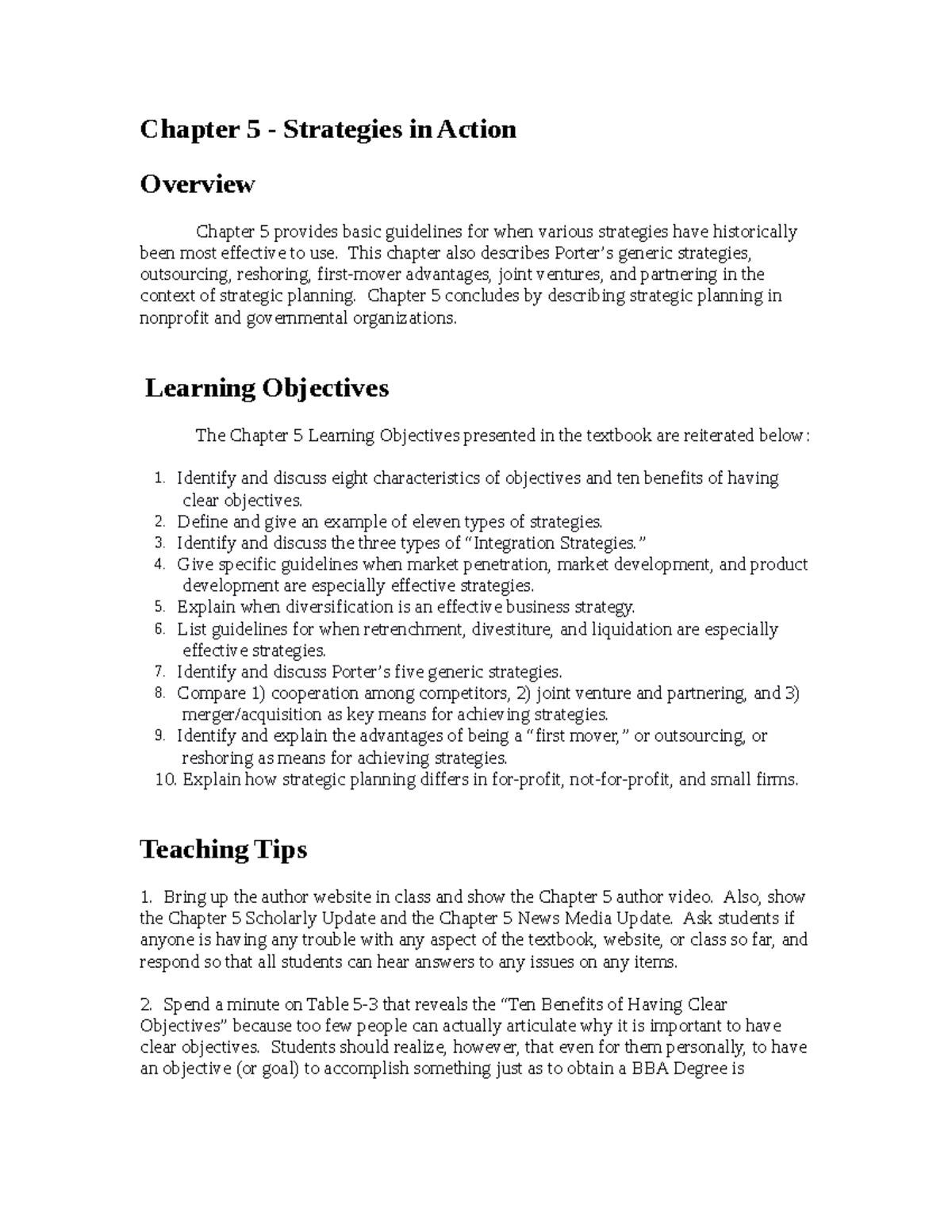 Docx - M/C with answers - Chapter 5 - Strategies in Action Overview ...