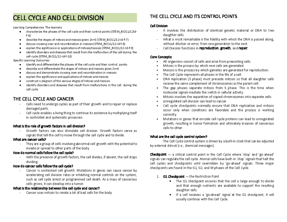 CELL CYCLE AND CELL DIVISION - CELL CYCLE AND CELL DIVISION Learning ...