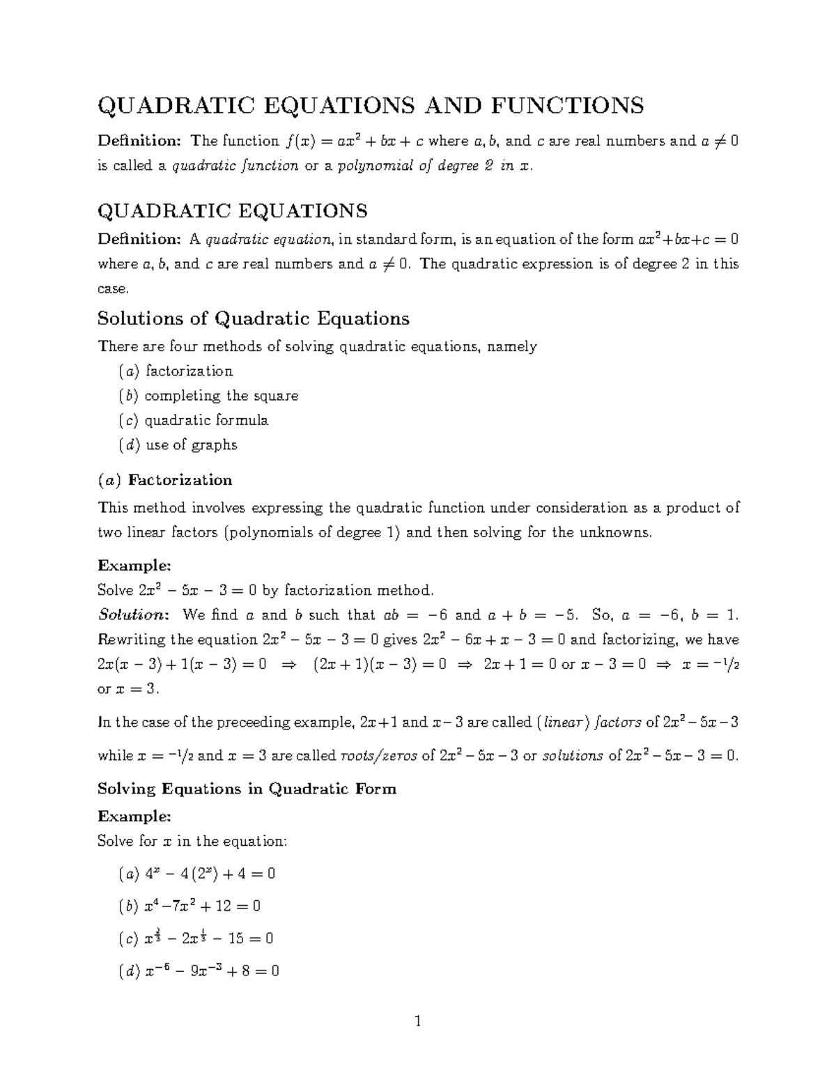 SMA 2105 Algebra Notes 2 - QUADRATIC EQUATIONS AND FUNCTIONS Definition ...