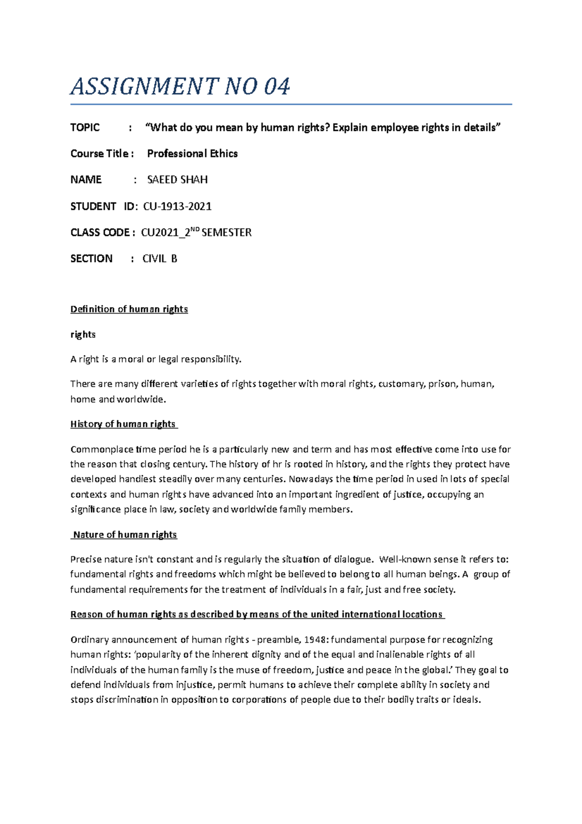 Assignment NO 04 - Human Right, Personal Rights, What is right?, Rights ...