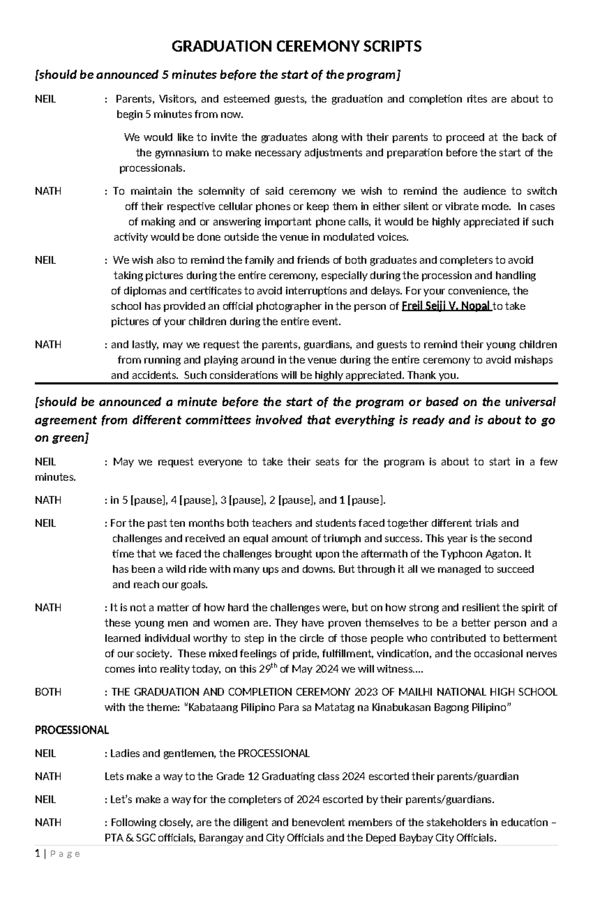 Official script for the Mailhi NHS graduation and Completion Program ...