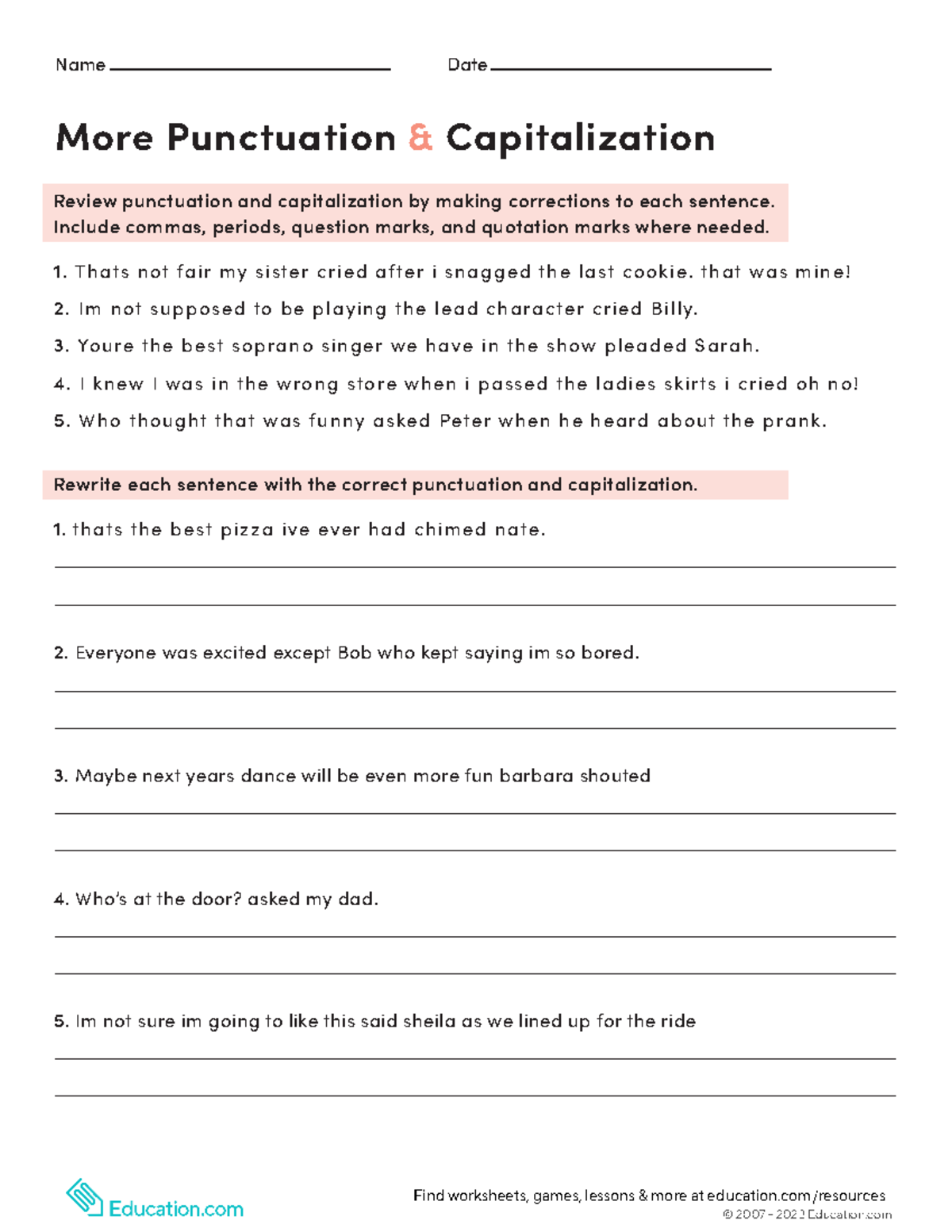 More-punctuation-capitalization - Name Date More Punctuation ...