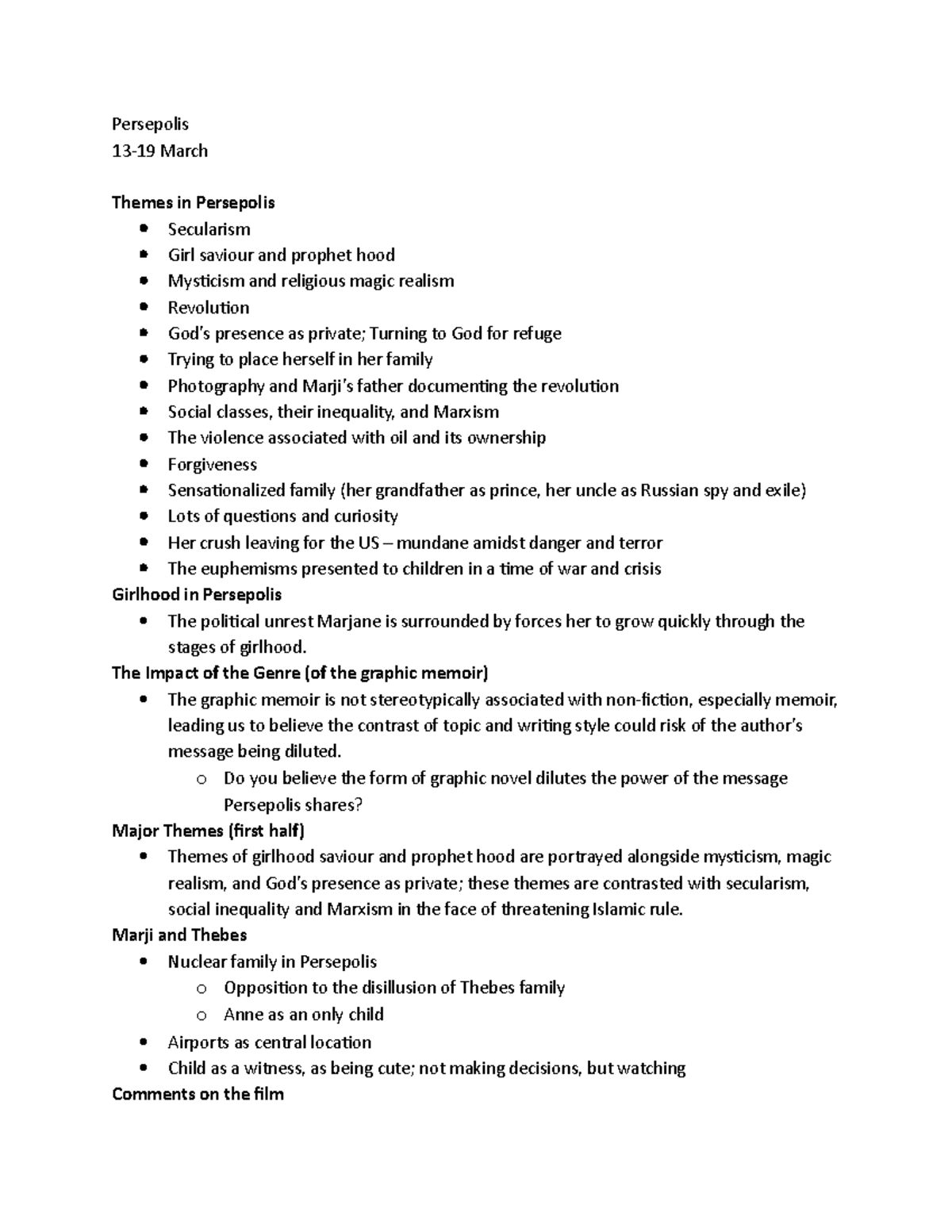 Persepolis - Prof. Margaret Steffler - Persepolis 13-19 March Themes in ...