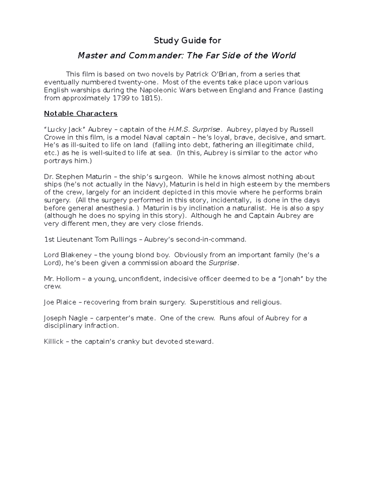 Study Guide (Std) 2 - Study Guide for Master and Commander: The Far ...