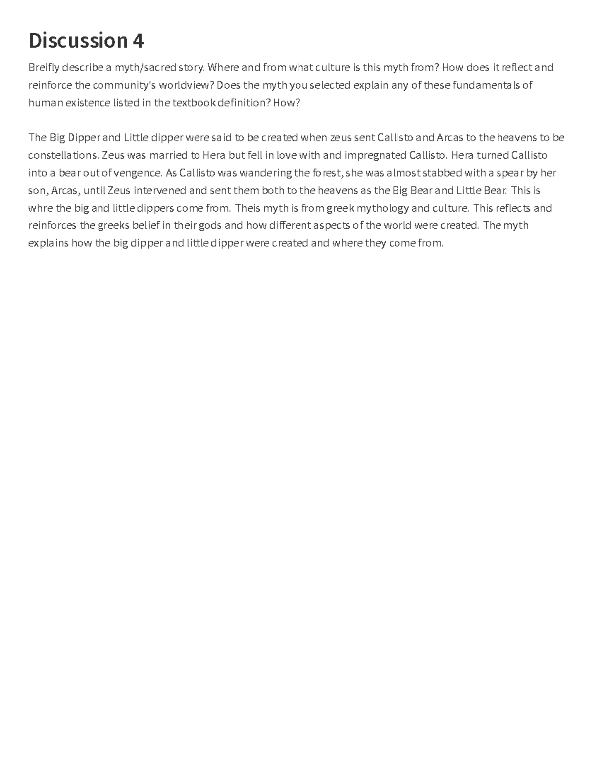 Discussion 4- Anthro 110 - Discussion 4 Breifly describe a myth/sacred ...
