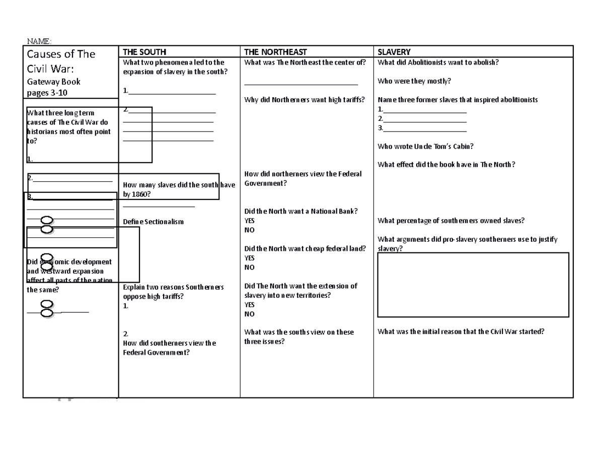 Causesof The Civil War 2Page Worksheetfor The Gatewayto USHistory Book ...