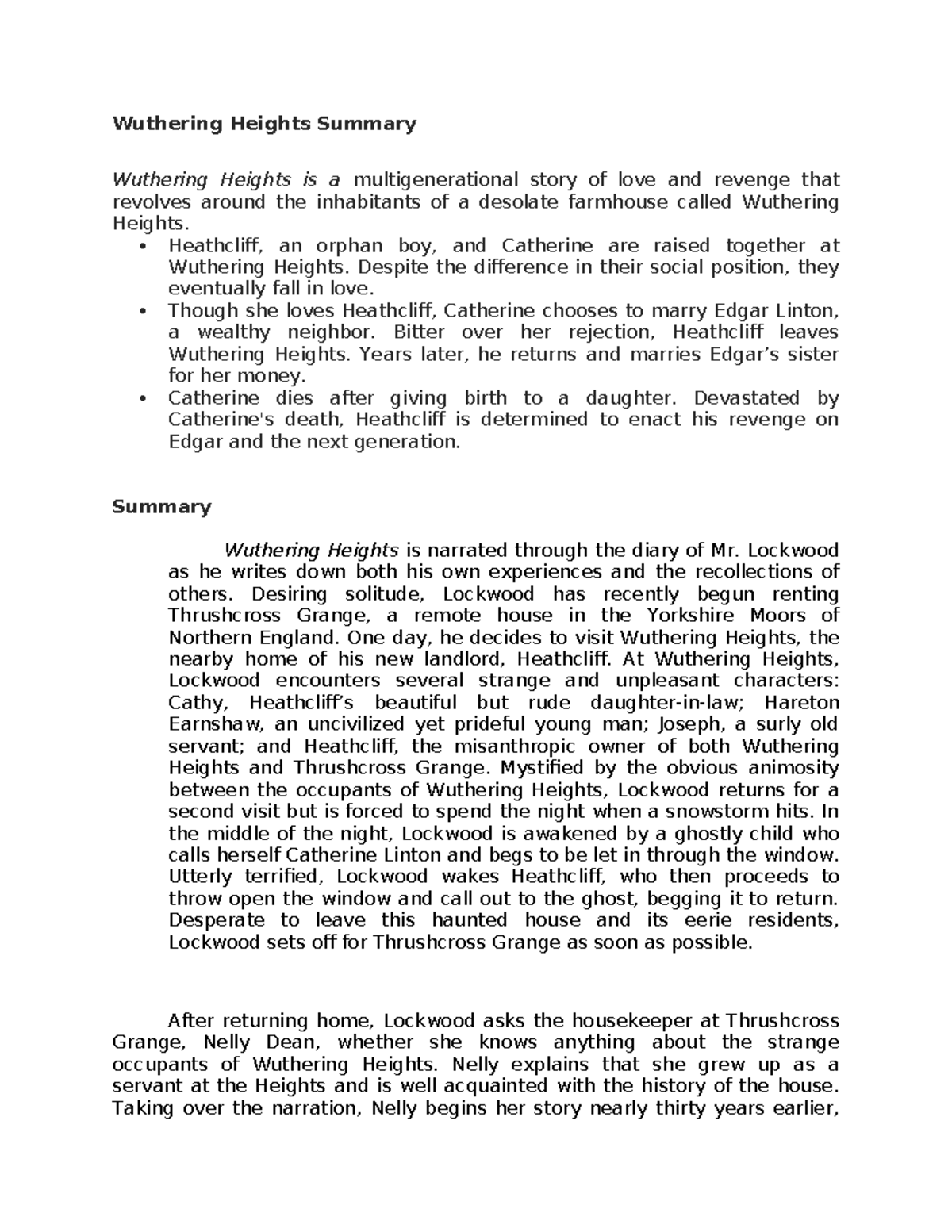 Wuthering Heights Summary - Wuthering Heights Summary Wuthering Heights ...