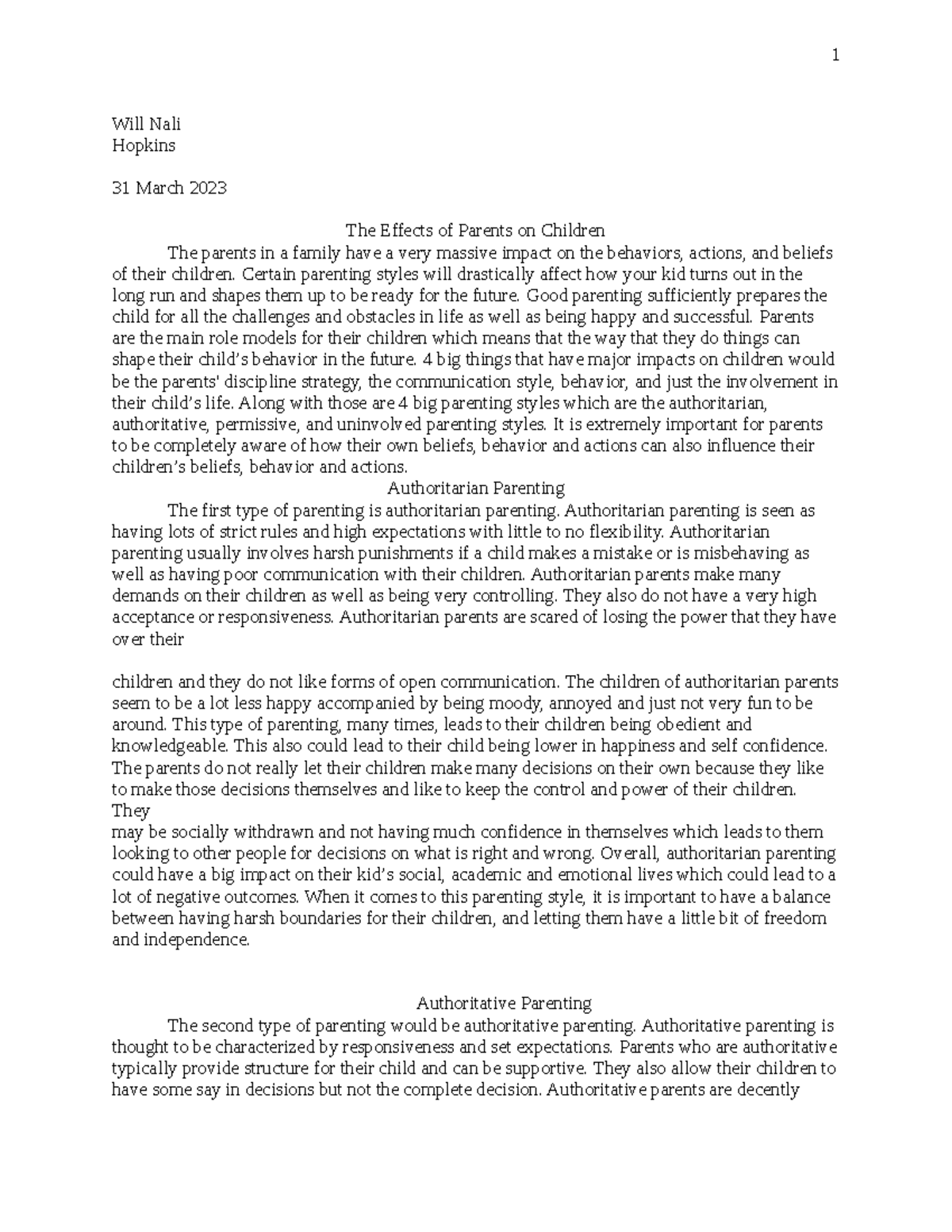 MLA Essay Draft - Will Nali Hopkins 31 March 2023 The Effects of ...