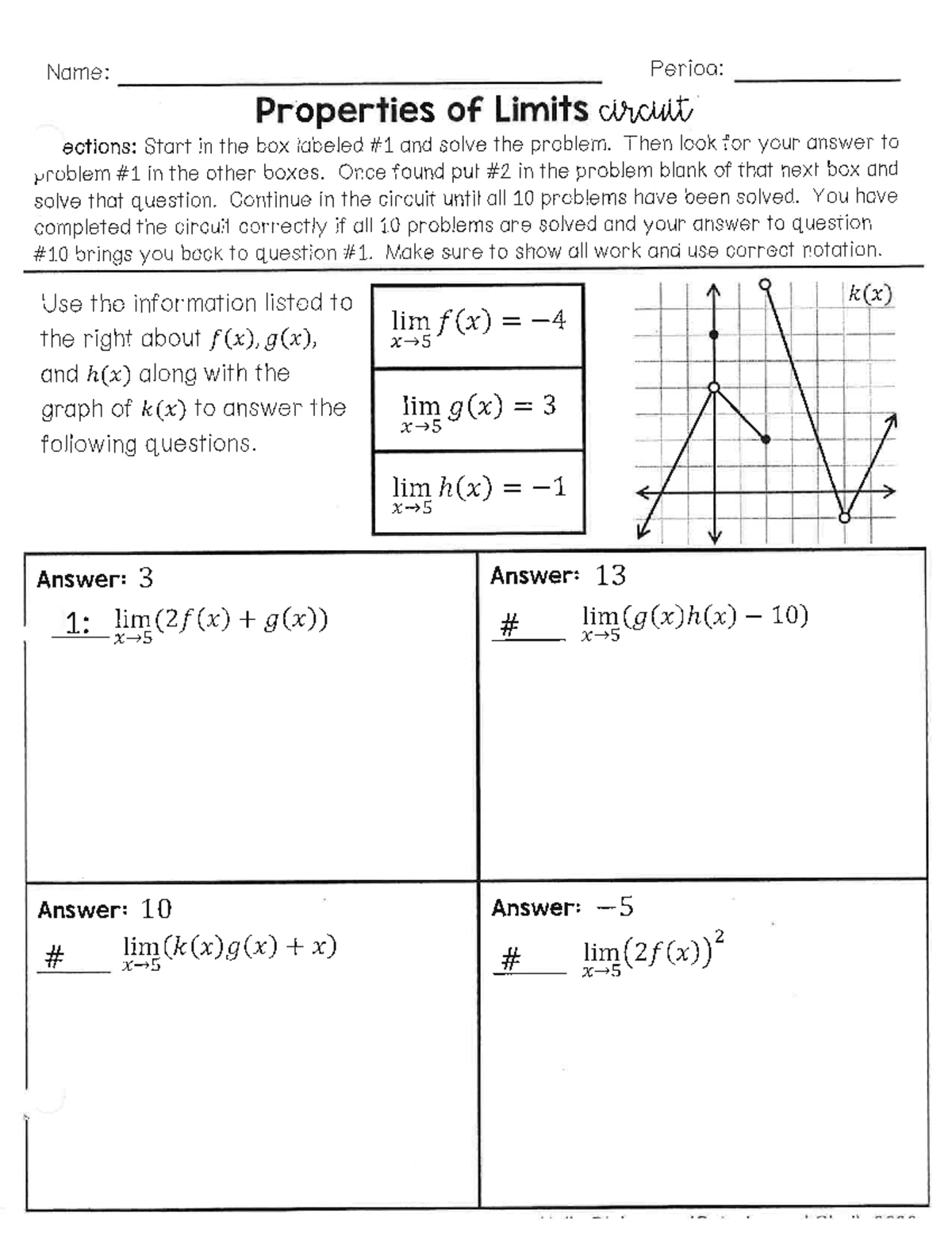 Properties of Limits Circuit - Nome: Peniod: Propert¡es of Limits ol\il ...