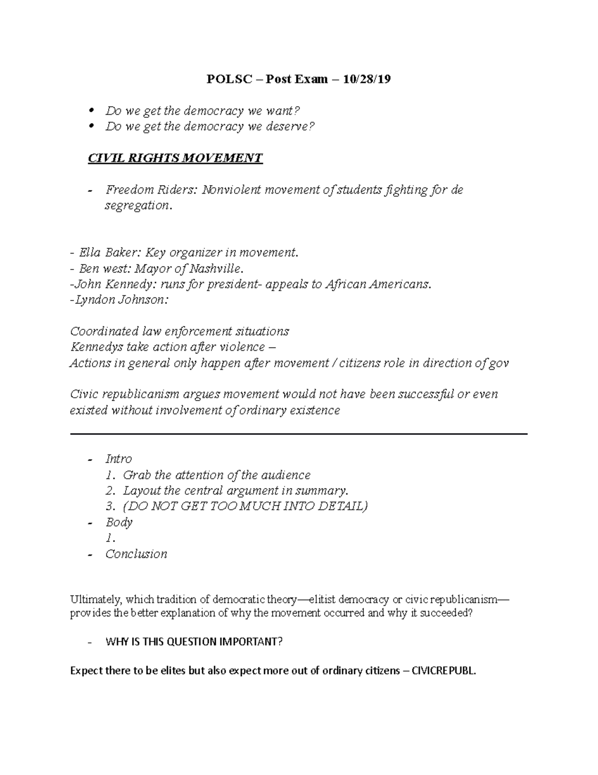 Polsc Post Exam - Lecture notes 2-3 - POLSC – Post Exam – 10/28/ Do we ...