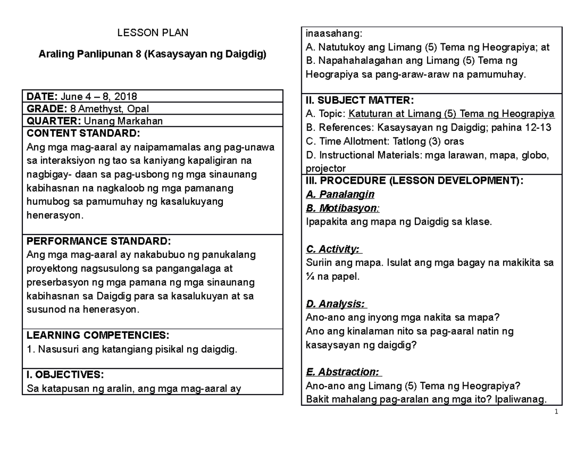 435613360 Lesson Plan 8 AP - LESSON PLAN Araling Panlipunan 8 ...