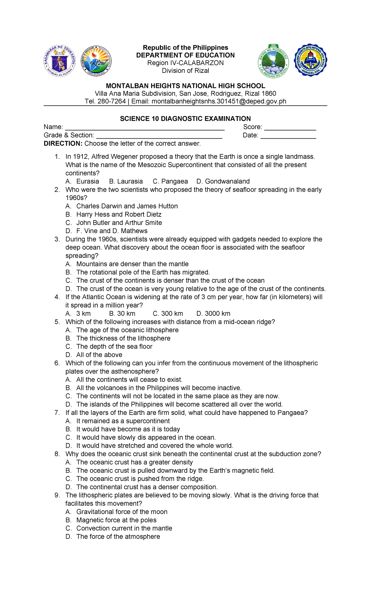 Science 10 Diagnostic Test - Republic of the Philippines DEPARTMENT OF ...