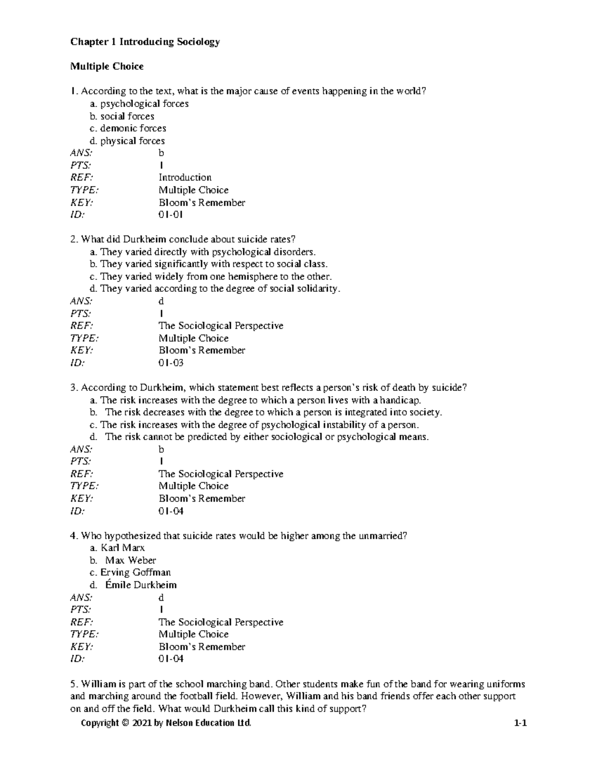 C01 TB Brym New Society 9e - Chapter 1 Introducing Sociology Multiple ...