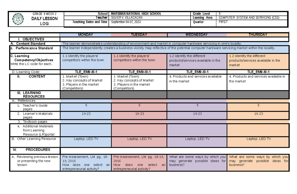 DLL - ICT 9 WEEK 2 Q1 - Daily Lesson Log - GRADE 9 WEEK 2 DAILY LESSON ...