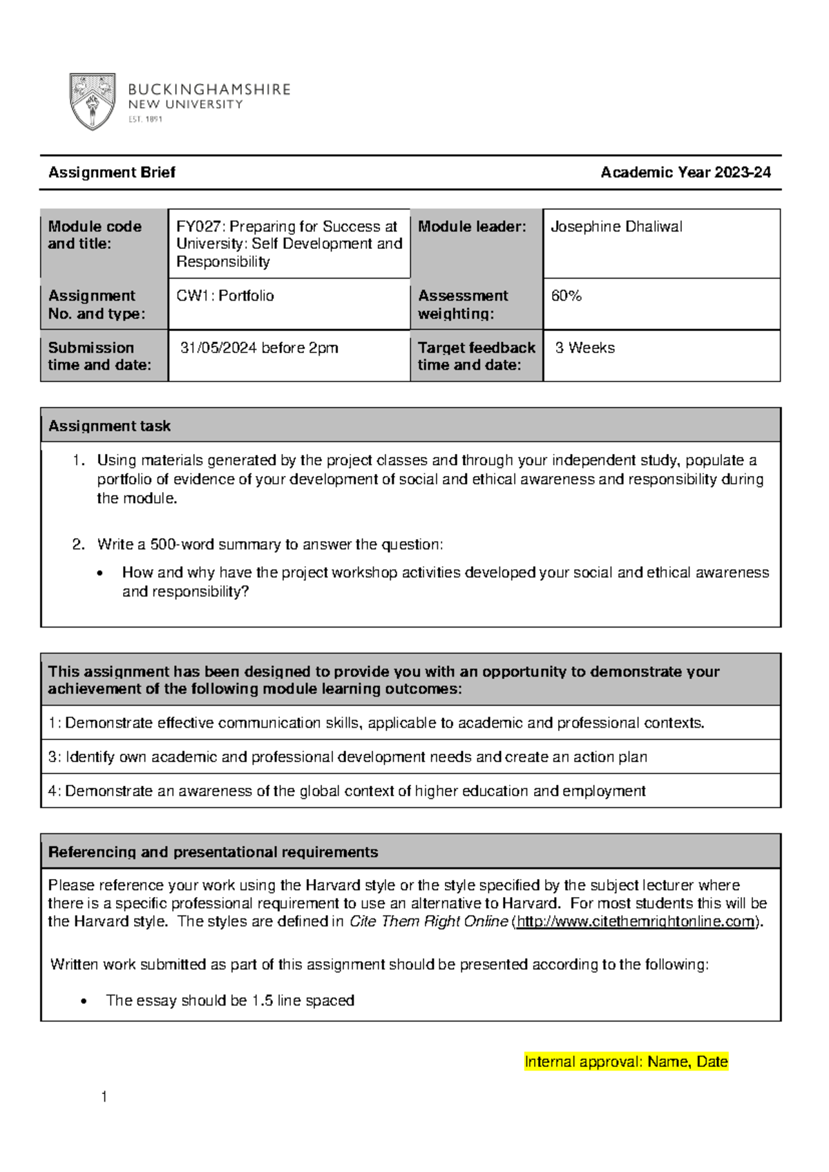 FY027 CW1 Assignment Brief 2023-24 (1) - Assignment Brief Academic Year ...