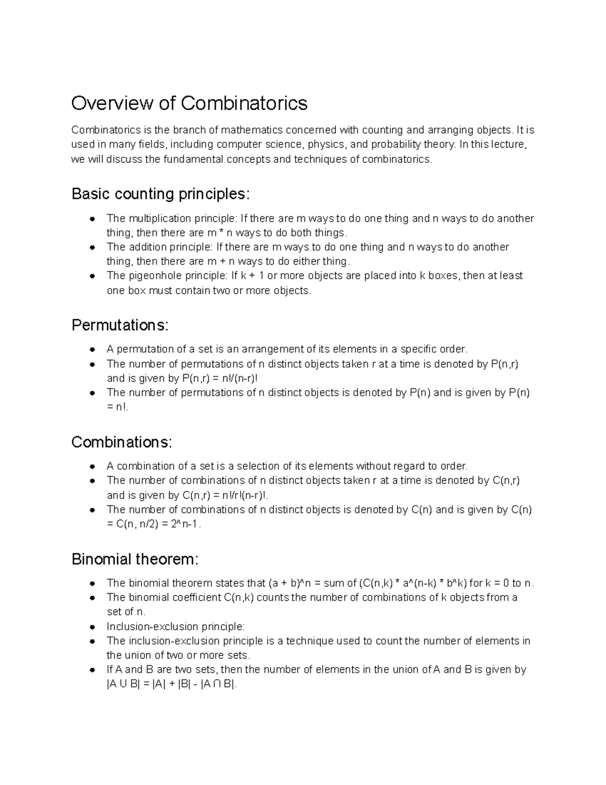 Foundations Of Mathematical Reasoning Mat 0092 Lecture 19 Overview Of Combinatorics