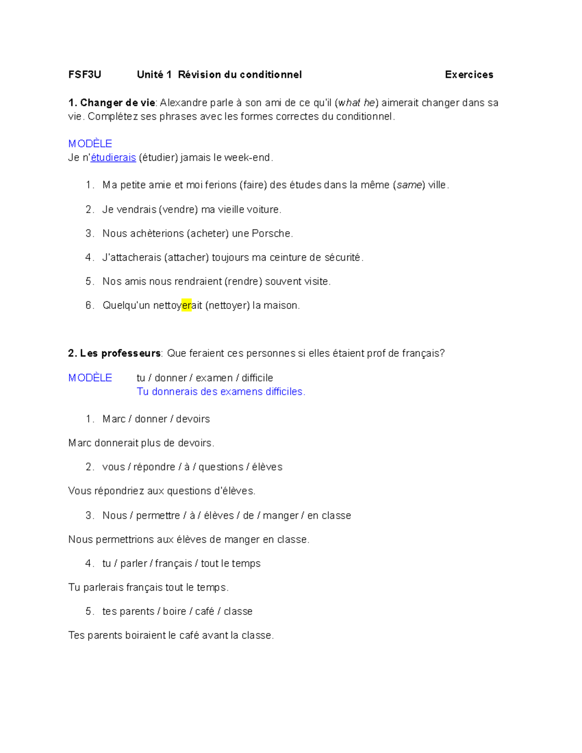 FSF3U Revision du conditionnel - FSF3U Unité 1 Révision du conditionnel ...