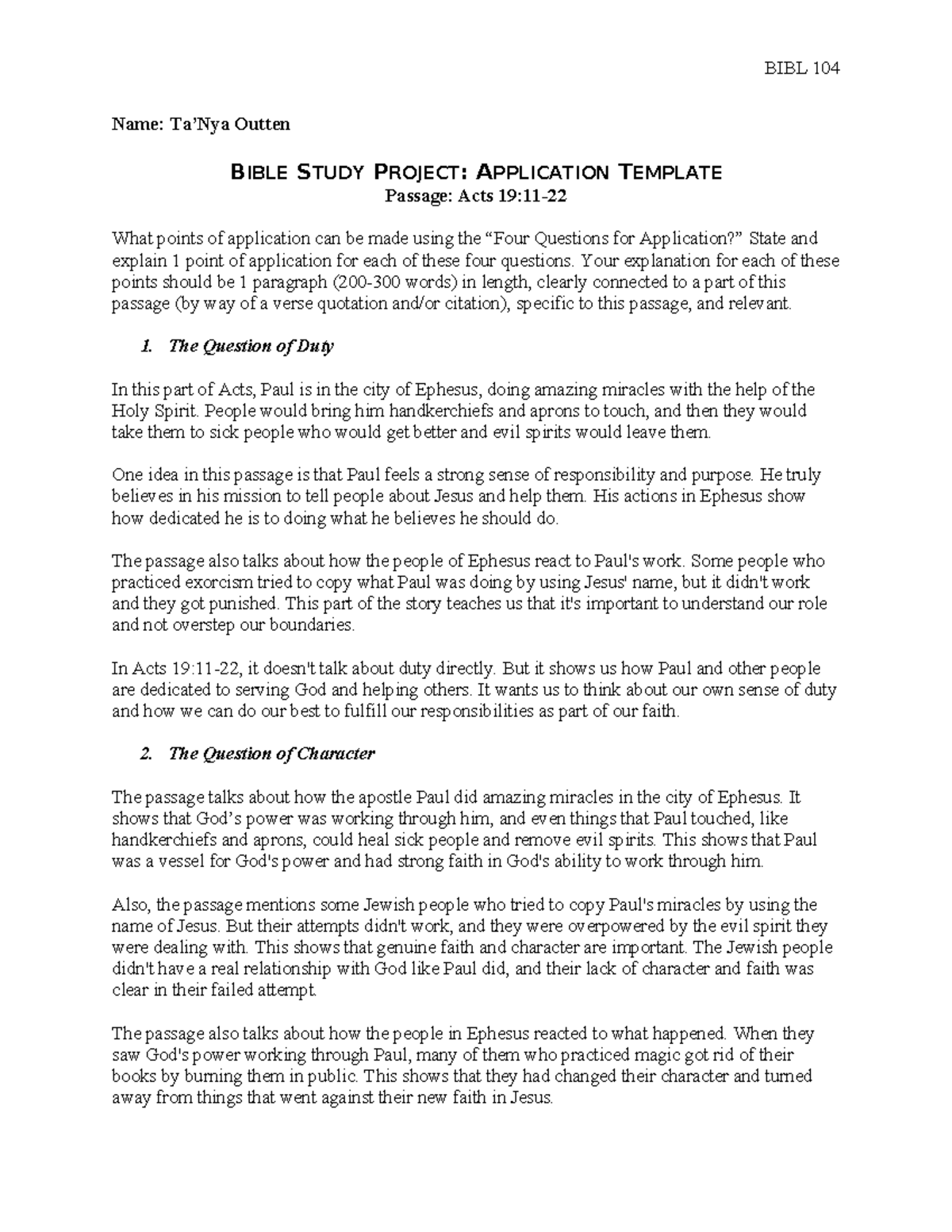 Bible Study Project Application - BIBL 104 Name: Ta’Nya Outten BIBLE ...