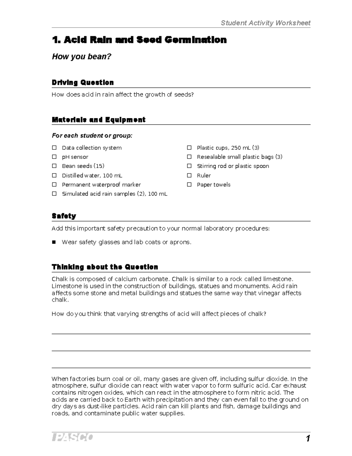 1 Acid Rain And Seed Germination S - Student Activity Worksheet 1. Acid ...