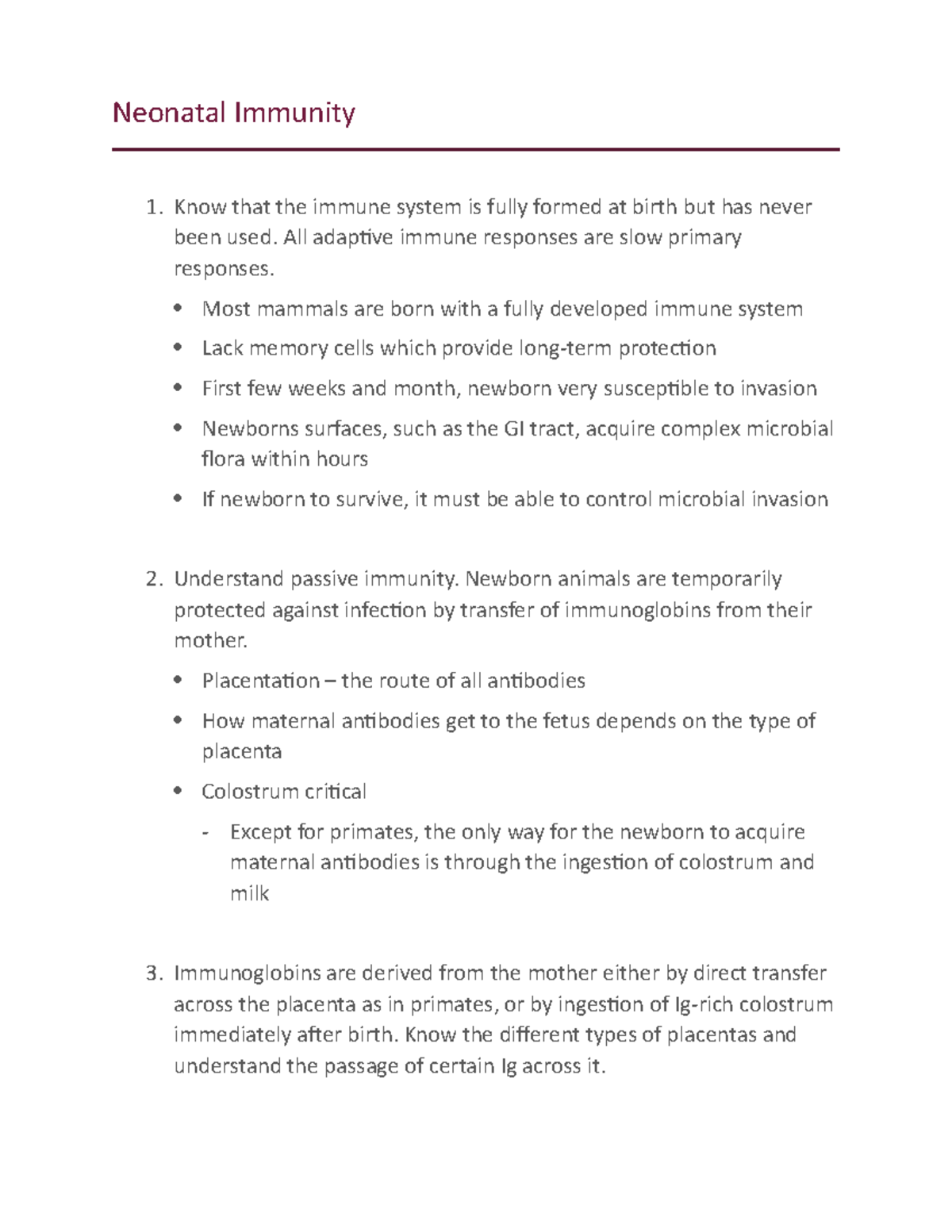 Neonatal Immunity - Lecture notes 21 - Neonatal Immunity Know that the ...