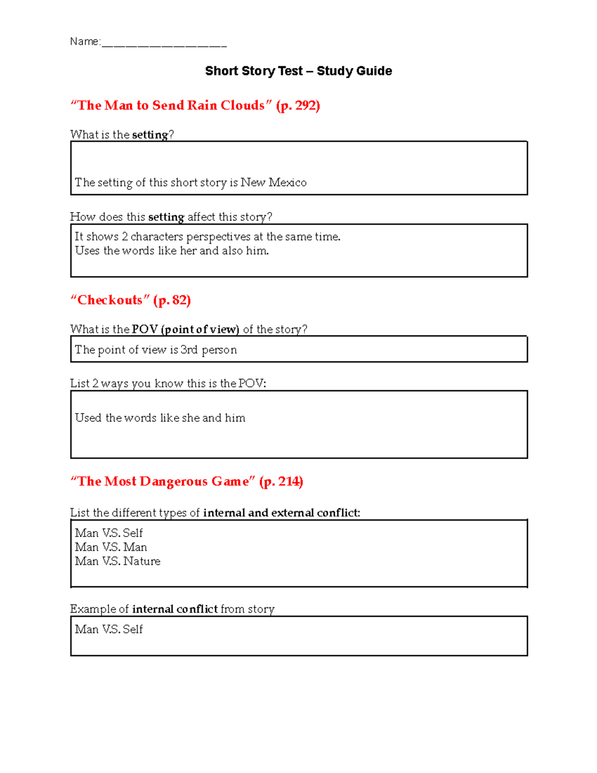 Short Story Unit Test Review - Name:_____________________ Short Story ...