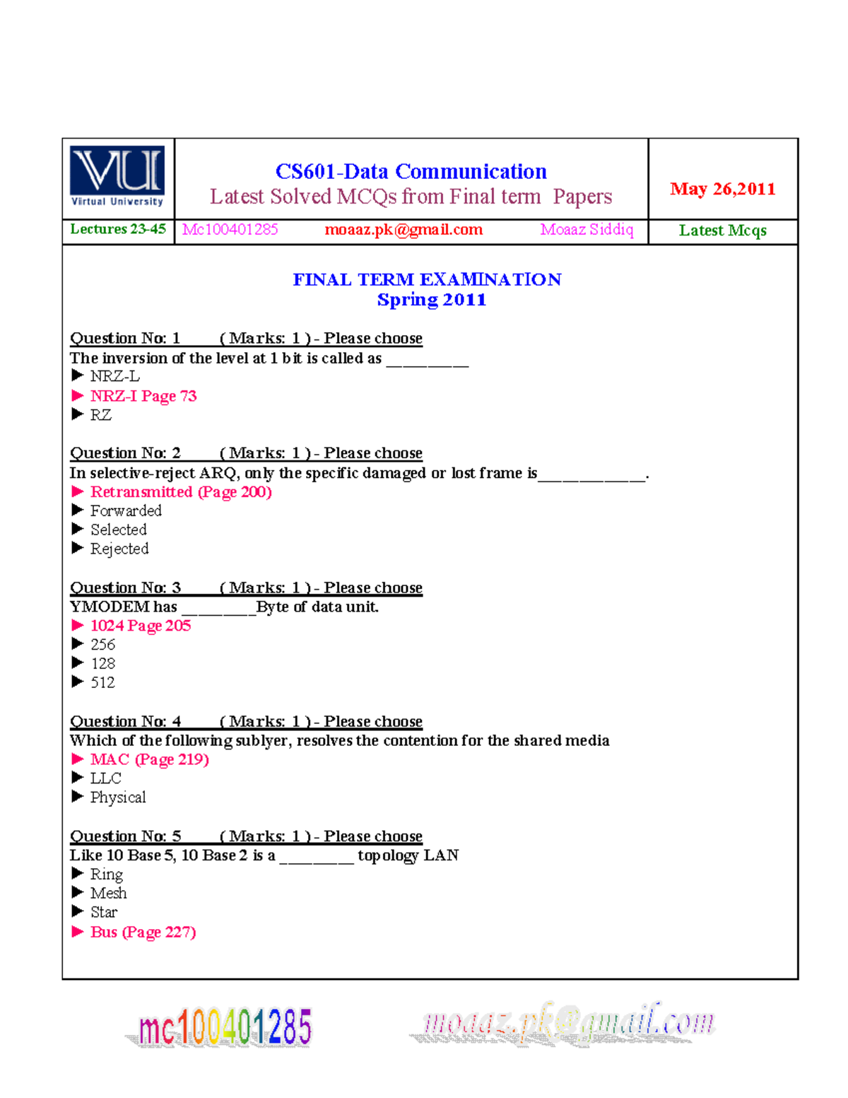 Midterm, answers - CS601-Data Communication Latest Solved MCQs from ...