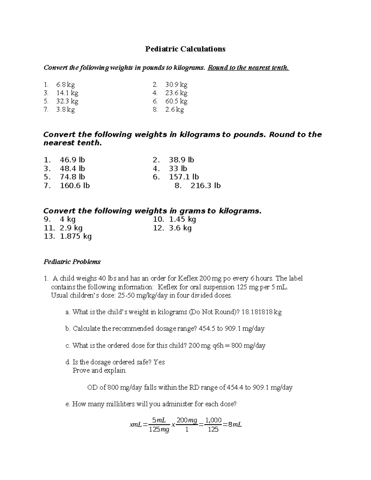 Pediatric Dosage Calculations Answers - Pediatric Calculations Convert ...