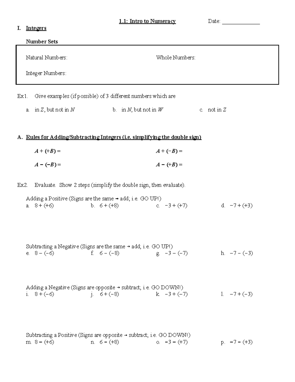 1.1 Integers Note and Exercises - 1: Intro to Numeracy Date ...