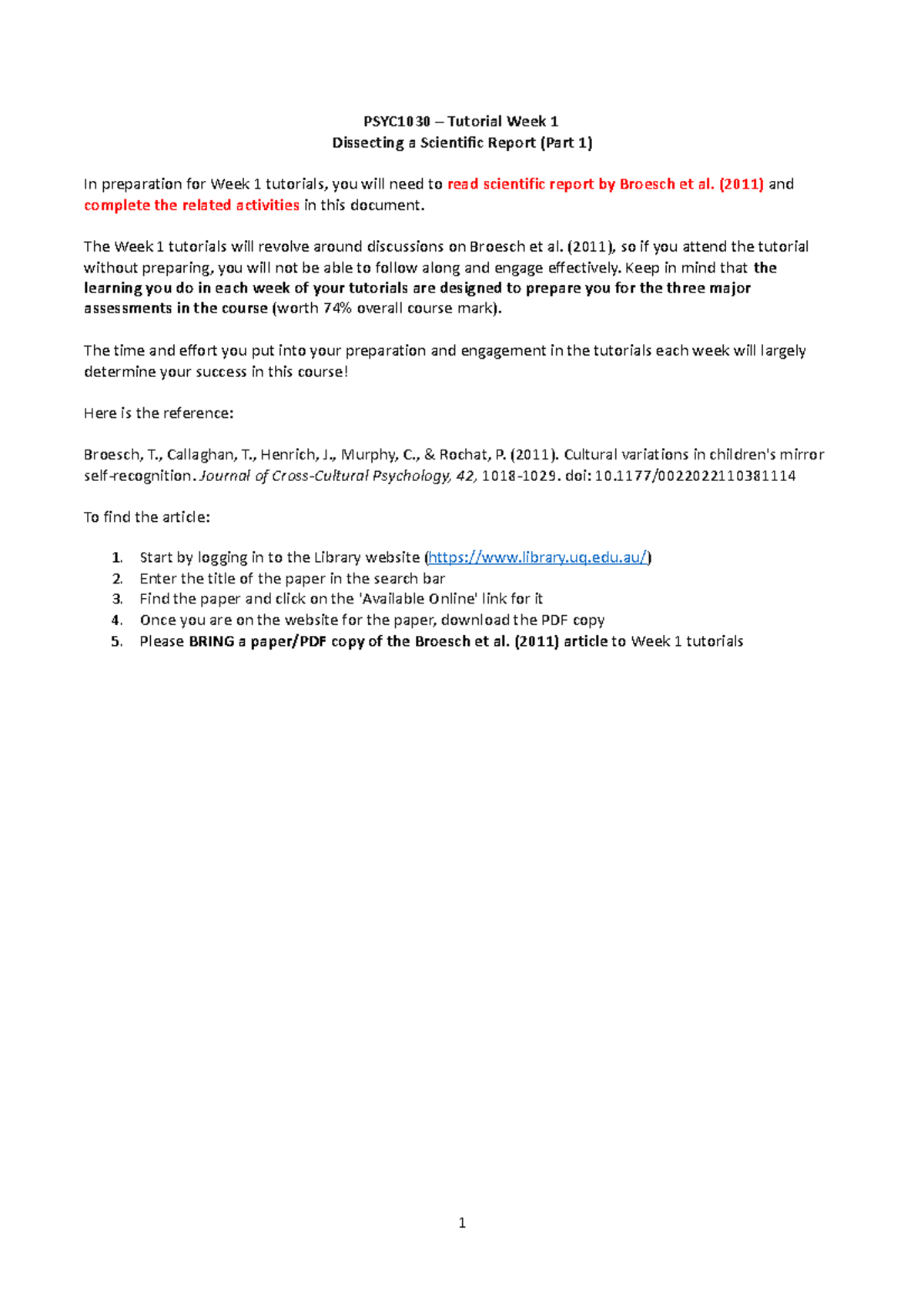 Week 1 - Tute prep reading (S2 2021) - 1 PSYC1030 – Tutorial Week 1 ...