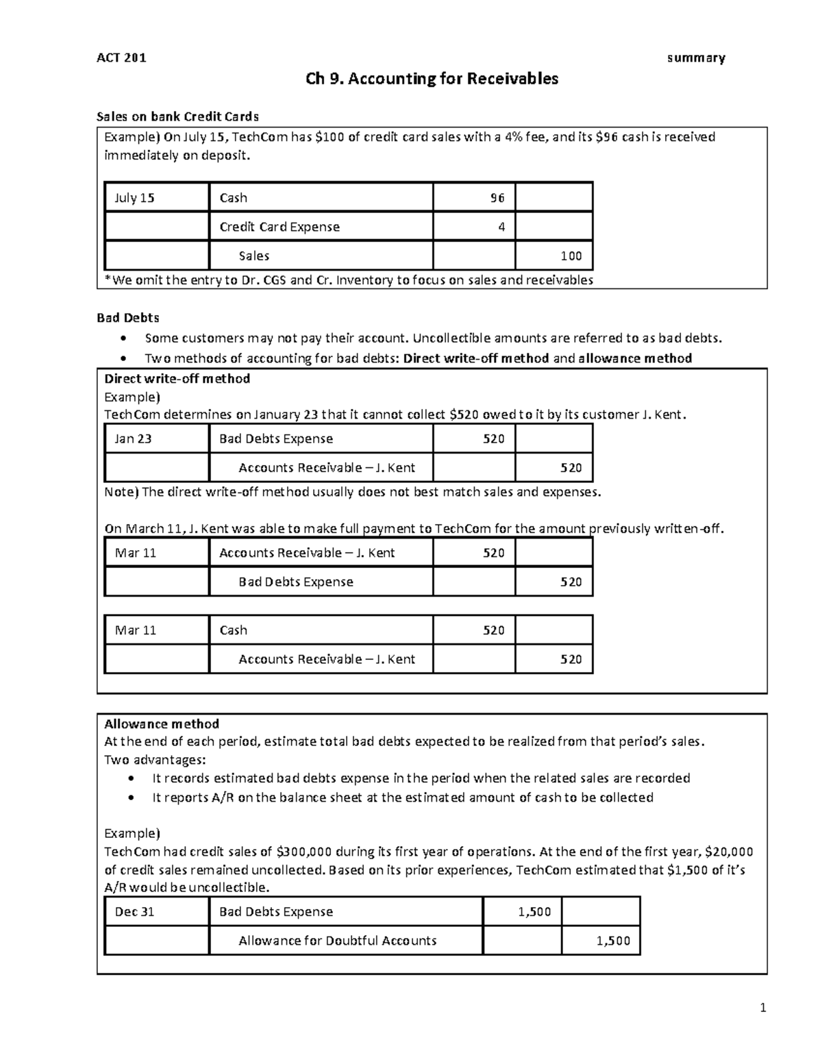 ACT Ch 9. summary - Notes used on open note quiz - Ch 9. Accounting for ...