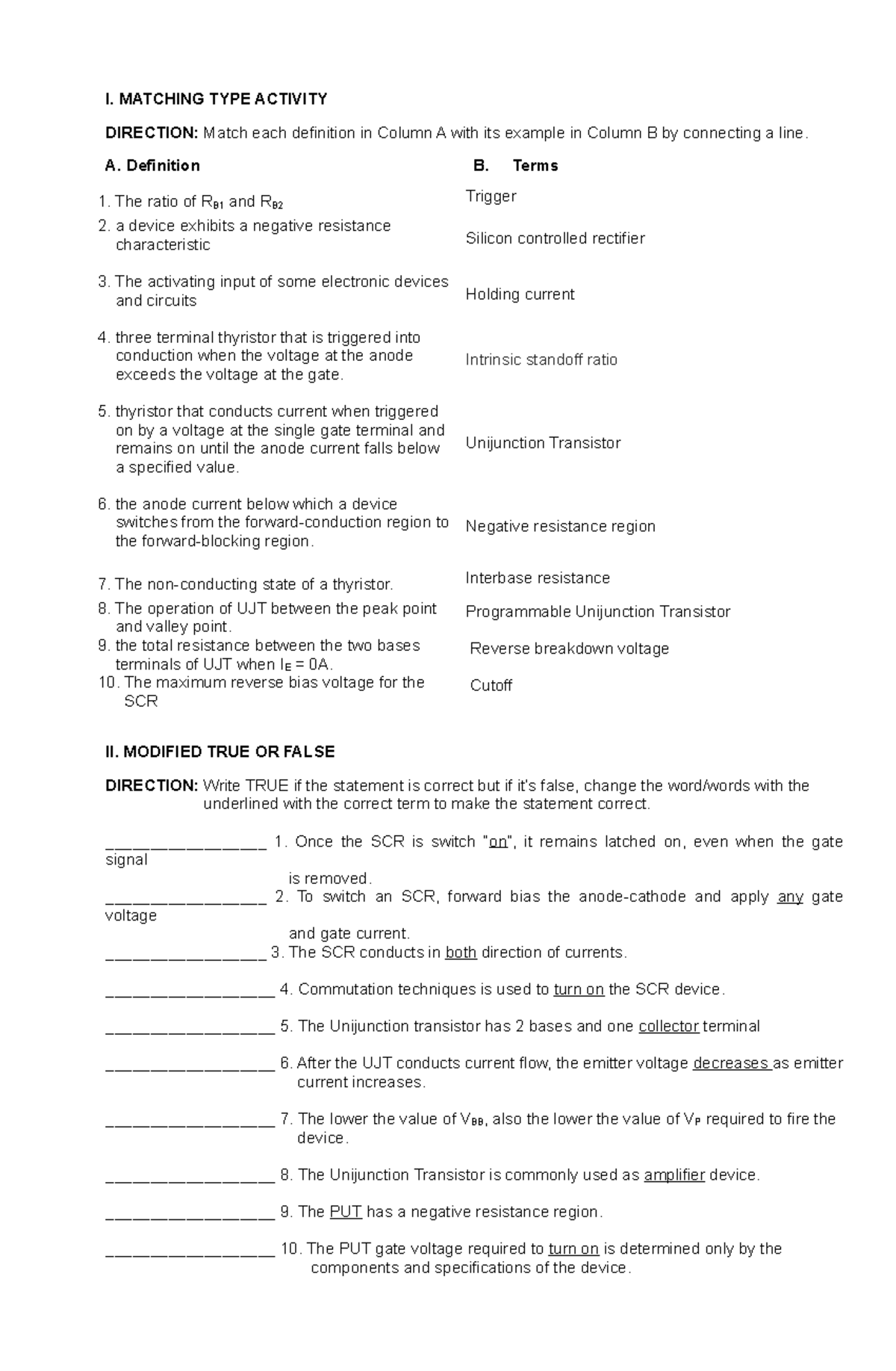 Electronics Systems and Design practice problem 1 - I. MATCHING TYPE ...