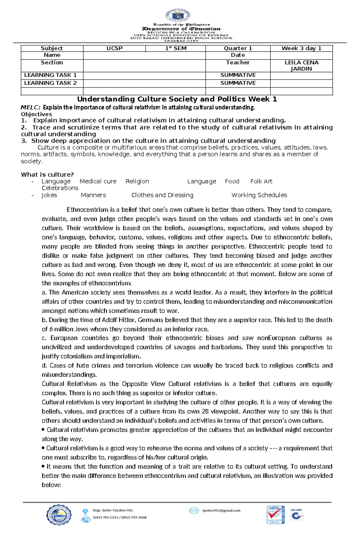 QTR 1 UCSP Worksheet WEEK 3 day 1 - Subject UCSP 1 st SEM Quarter 1 ...
