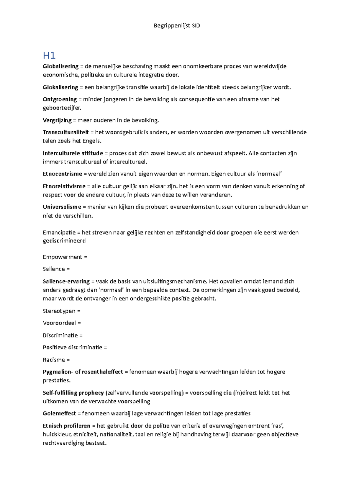 Begrippenlijst-SID - Begrippenlijst-SID1 - H Globalisering = de menselijke beschaving maakt een ...