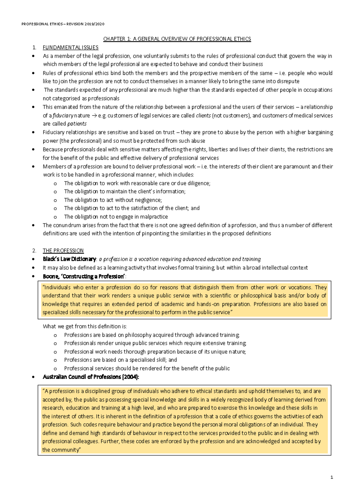 Professional Ethics Notes - CHAPTER 1: A GENERAL OVERVIEW OF ...