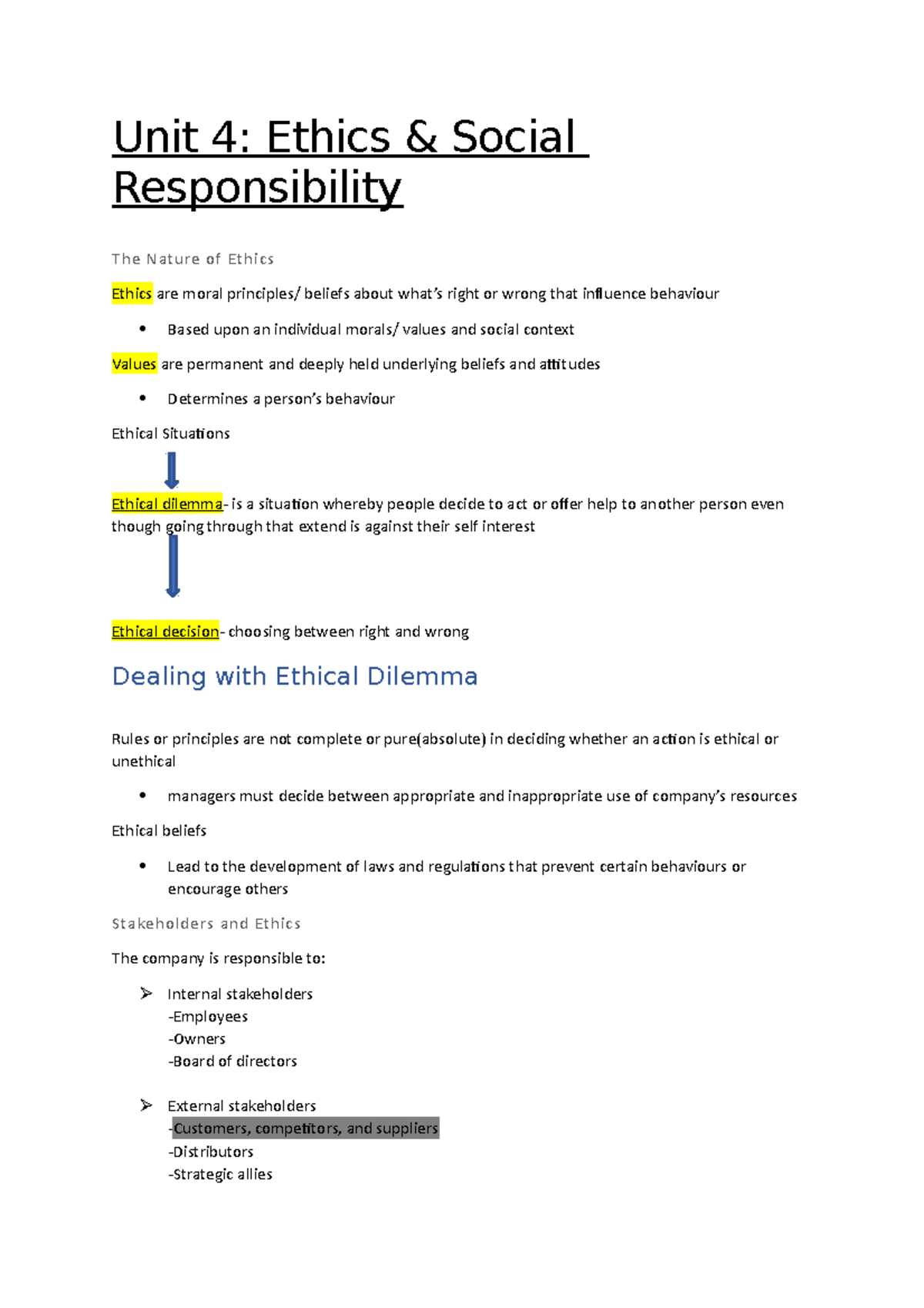 Business Management 1st Semester Unit 4-6 notes - Unit 4: Ethics Social ...
