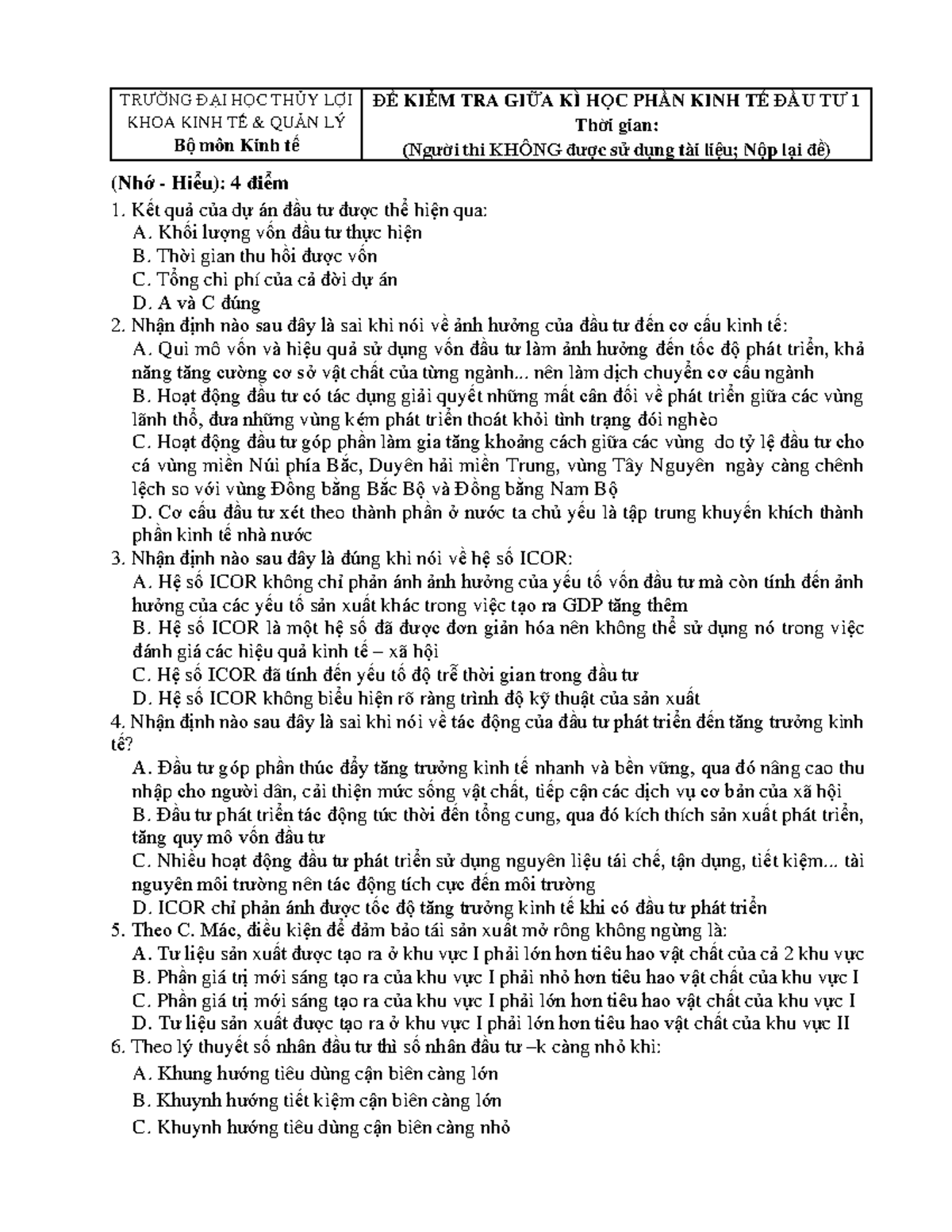 FILE 20221011 154806 u4p8F - TR ̄ÞNG Đ¾I HÞC THþY LþI KHOA KINH TÀ & QU¾N LÝ Bộ môn Kinh t¿ ĐÀ ...