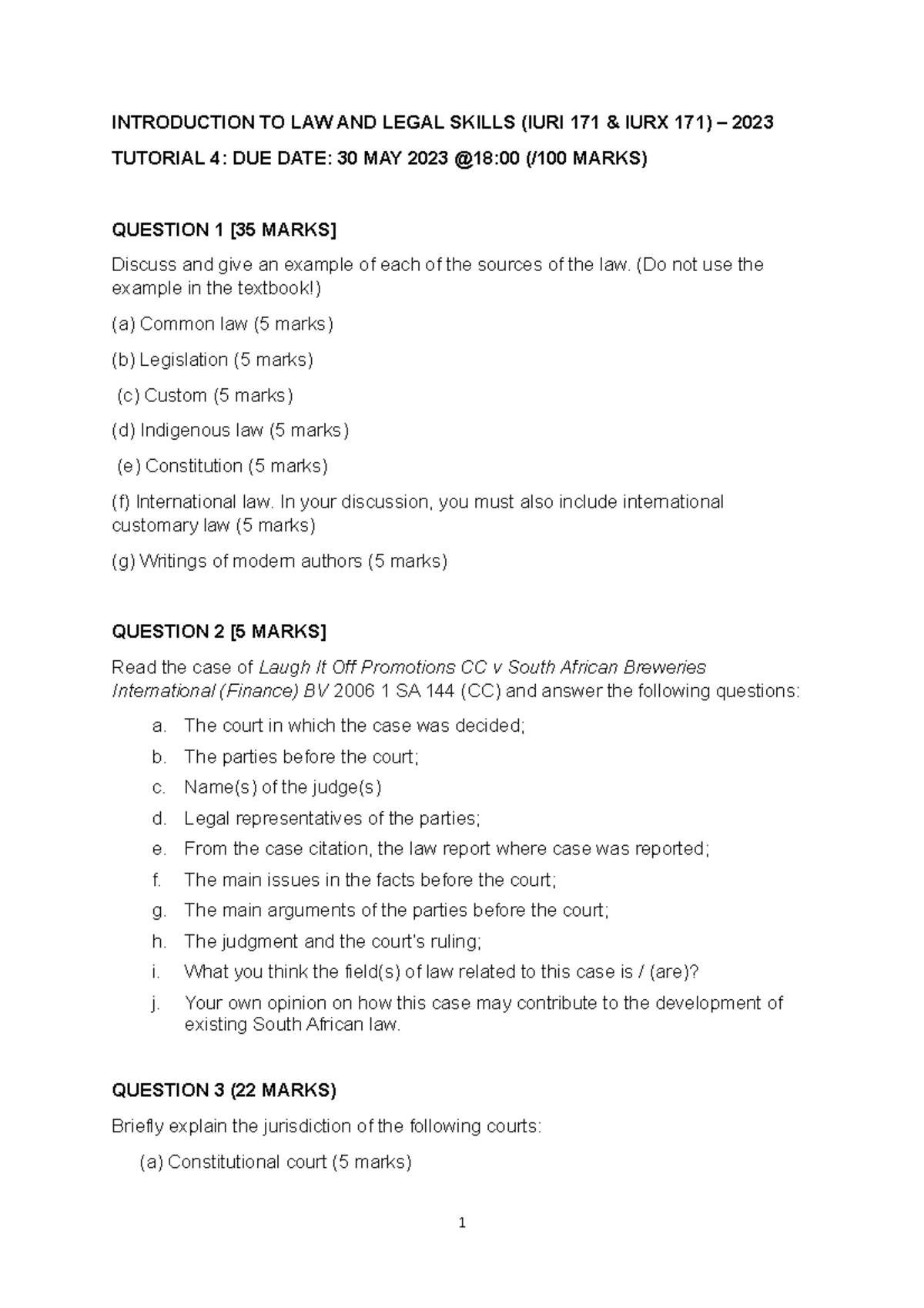 Tutorial 4 Introduction to law and legal skills - INTRODUCTION TO LAW ...