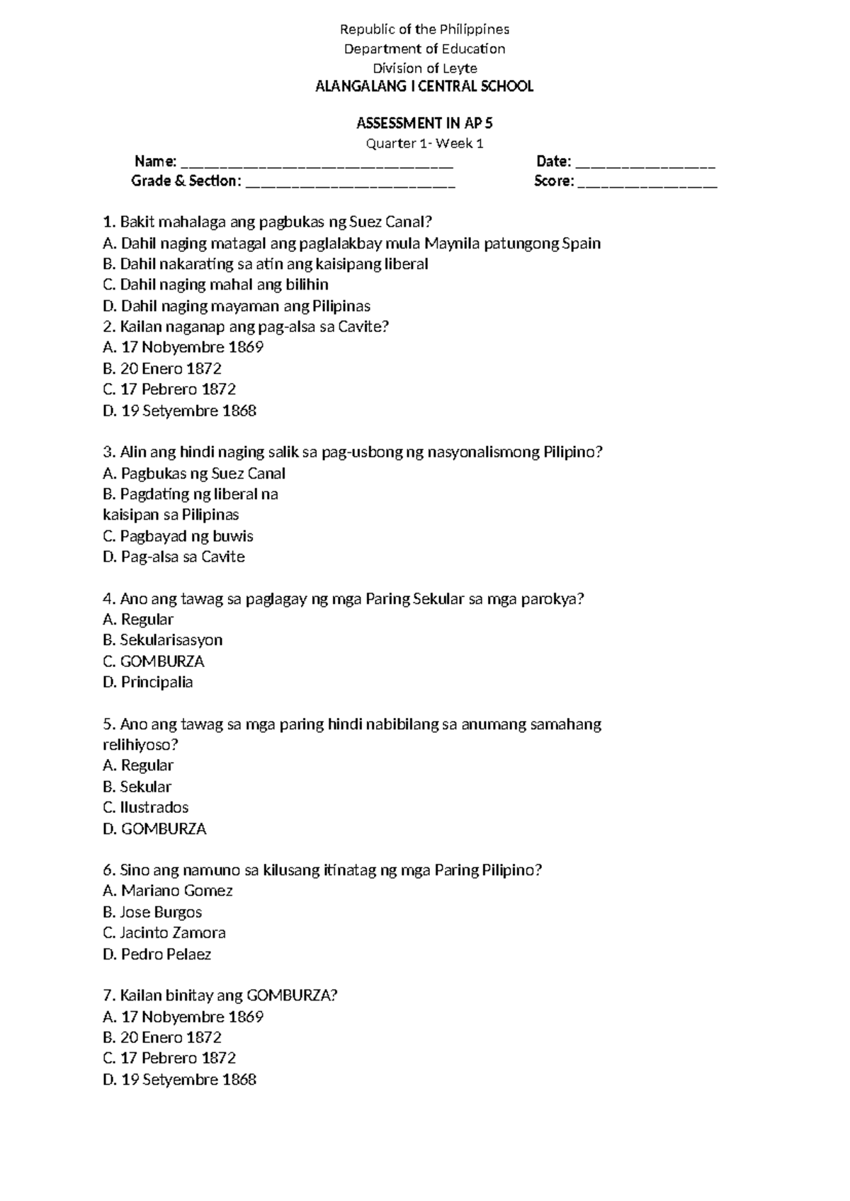 Assessment in AP 6-Q1-Week 1 - Republic of the Philippines Department ...