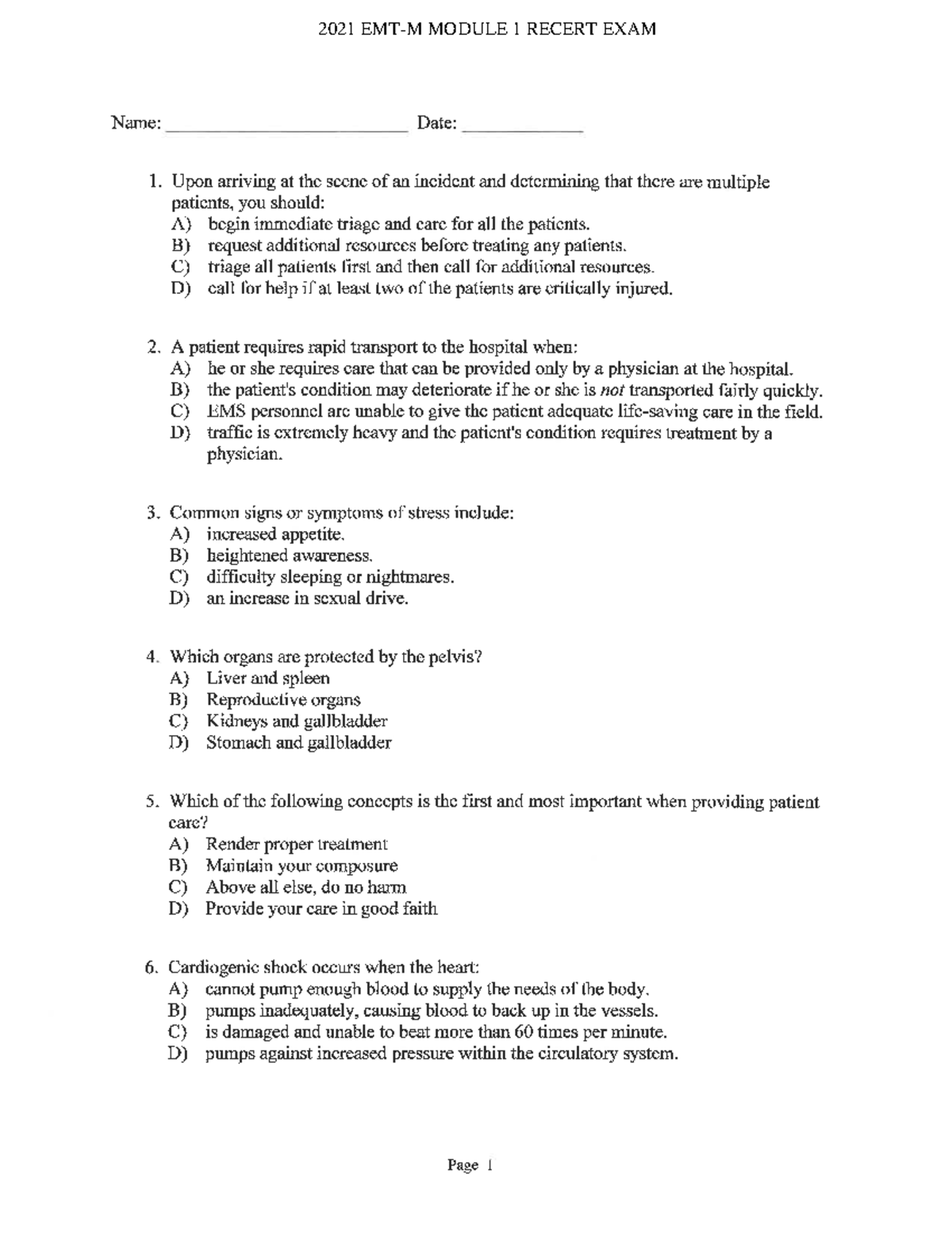 2021 Module 1 EMT Exam1 - Practice exam - 2021 MODULE 1 RECERT EXAM ...