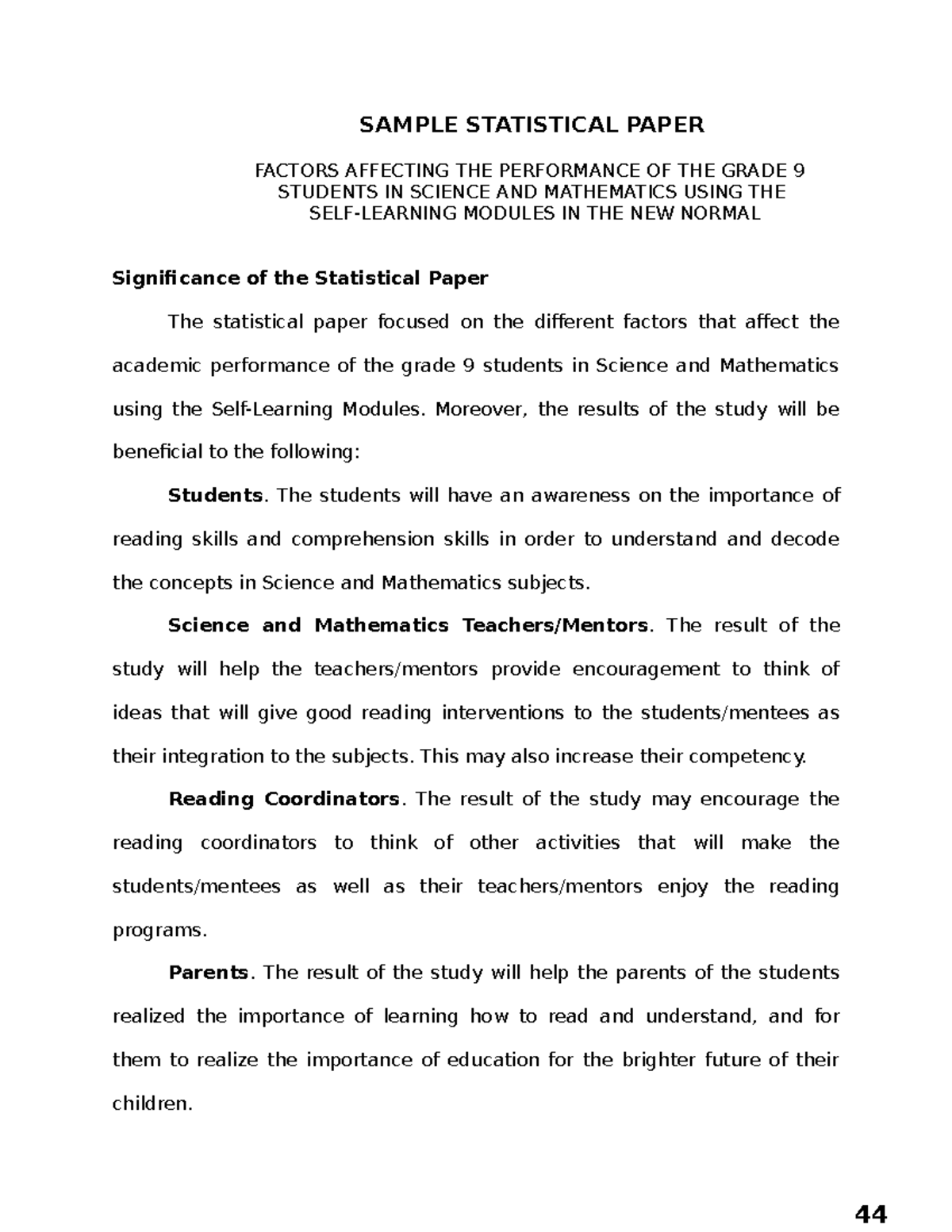 Significance OF THE Statistical Paper - SAMPLE STATISTICAL PAPER ...