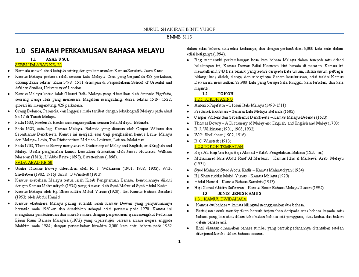 NOTA Perkamusan BMMB3113 - BMMB 3113 1 SEJARAH PERKAMUSAN BAHASA MELAYU ...