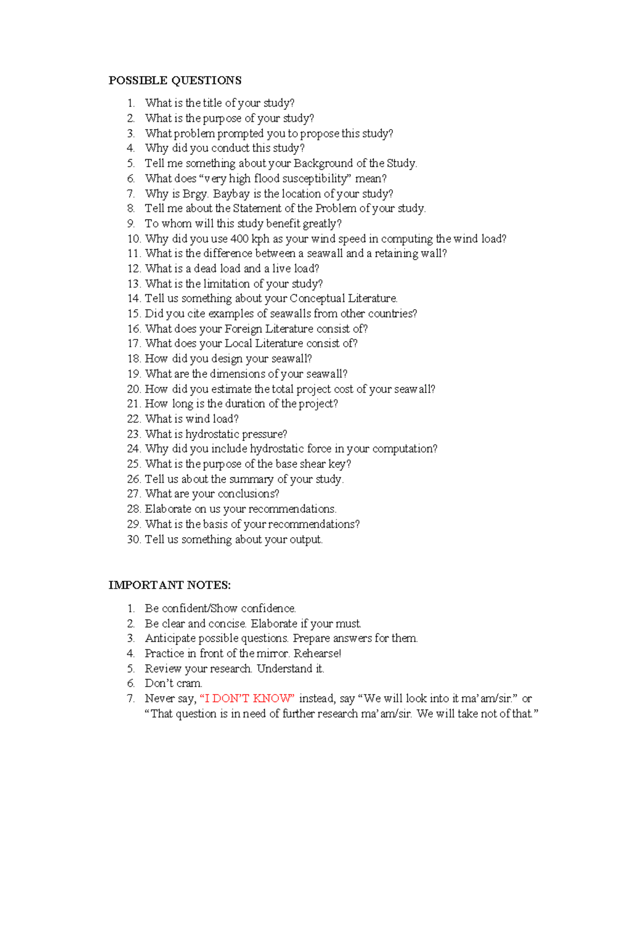 Possible- Questions - Jjjysueudgi - POSSIBLE QUESTIONS What is the ...