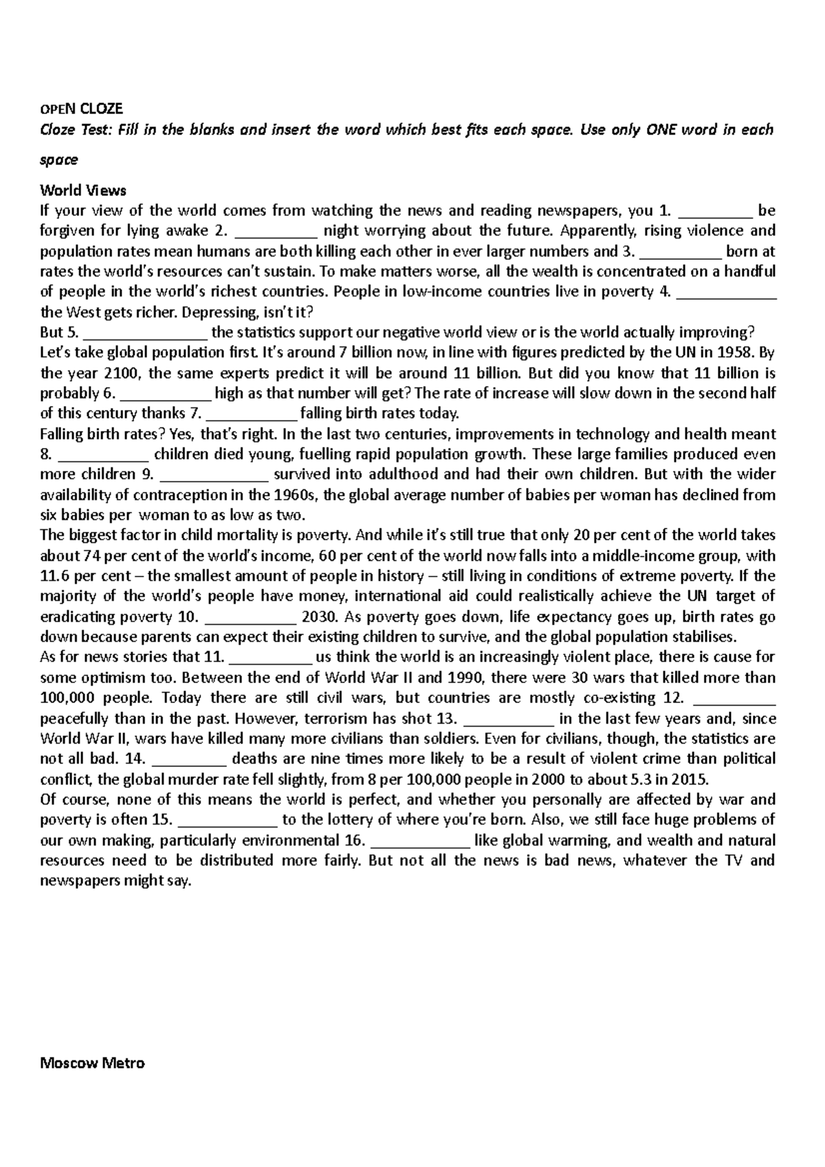 Open cloze 3rd year - OPEN CLOZE Cloze Test: Fill in the blanks and ...